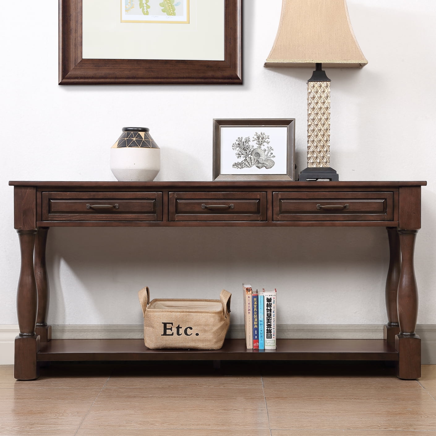 63" Extra-Long Espresso Wooden Console Table - 3 Drawers & Bottom Shelf ...