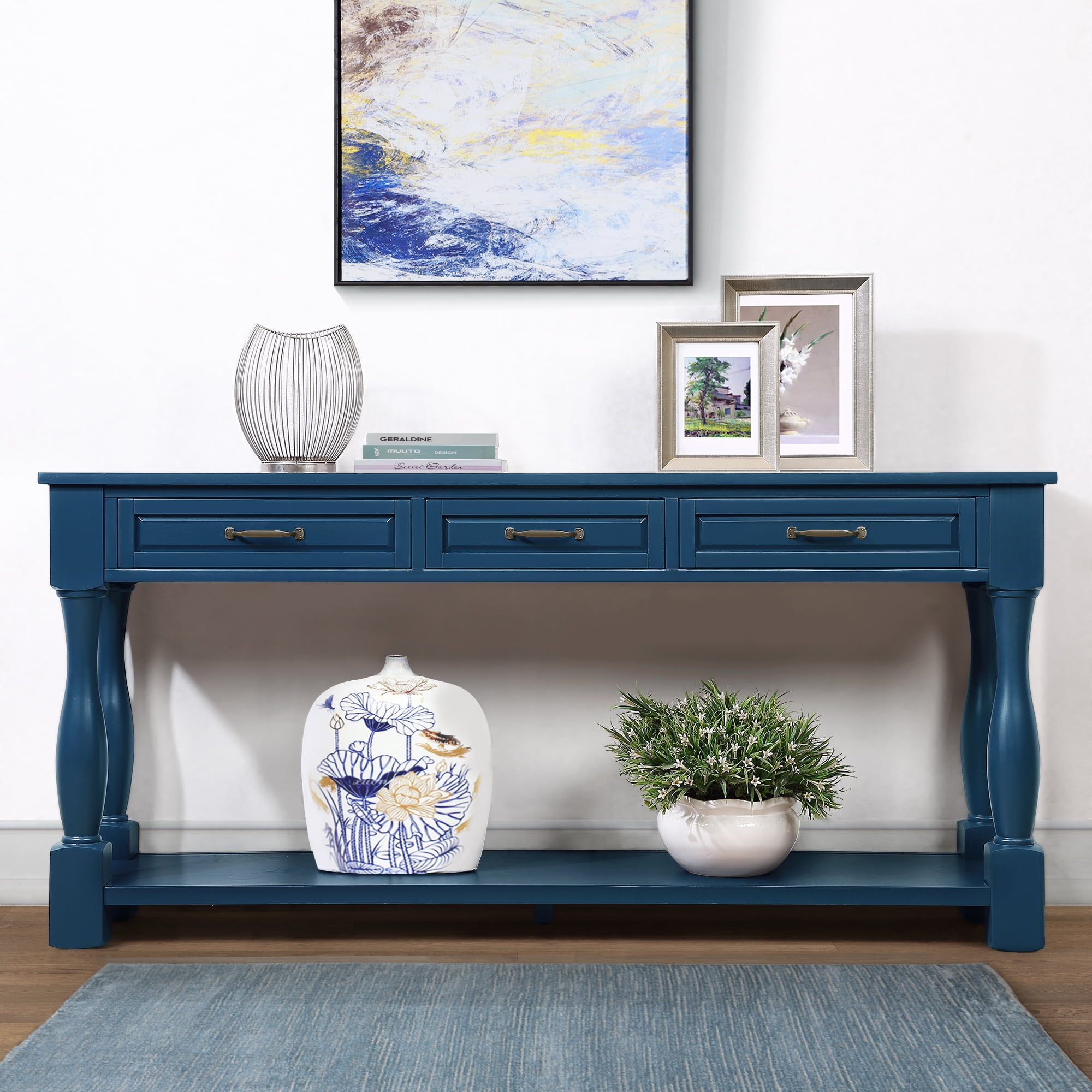 63" Extra-Thick Solid Wood Console Table, Navy Blue Sofa Table with 3 ...
