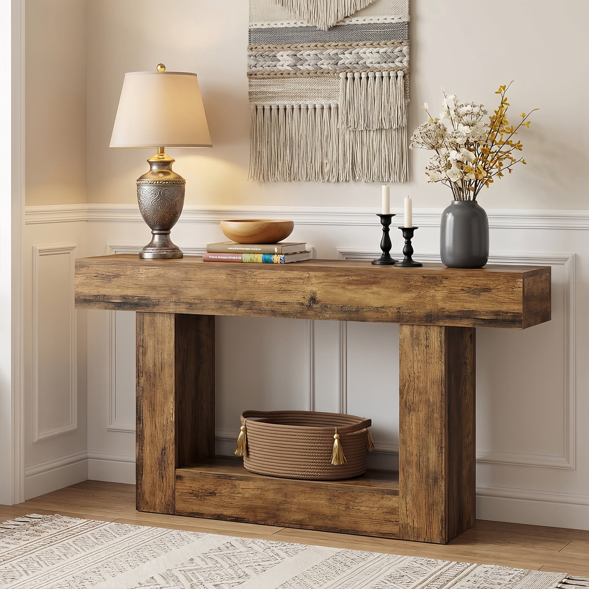63" Farmhouse 2-Tier Console Table, U-Shaped Base Entryway Table ...