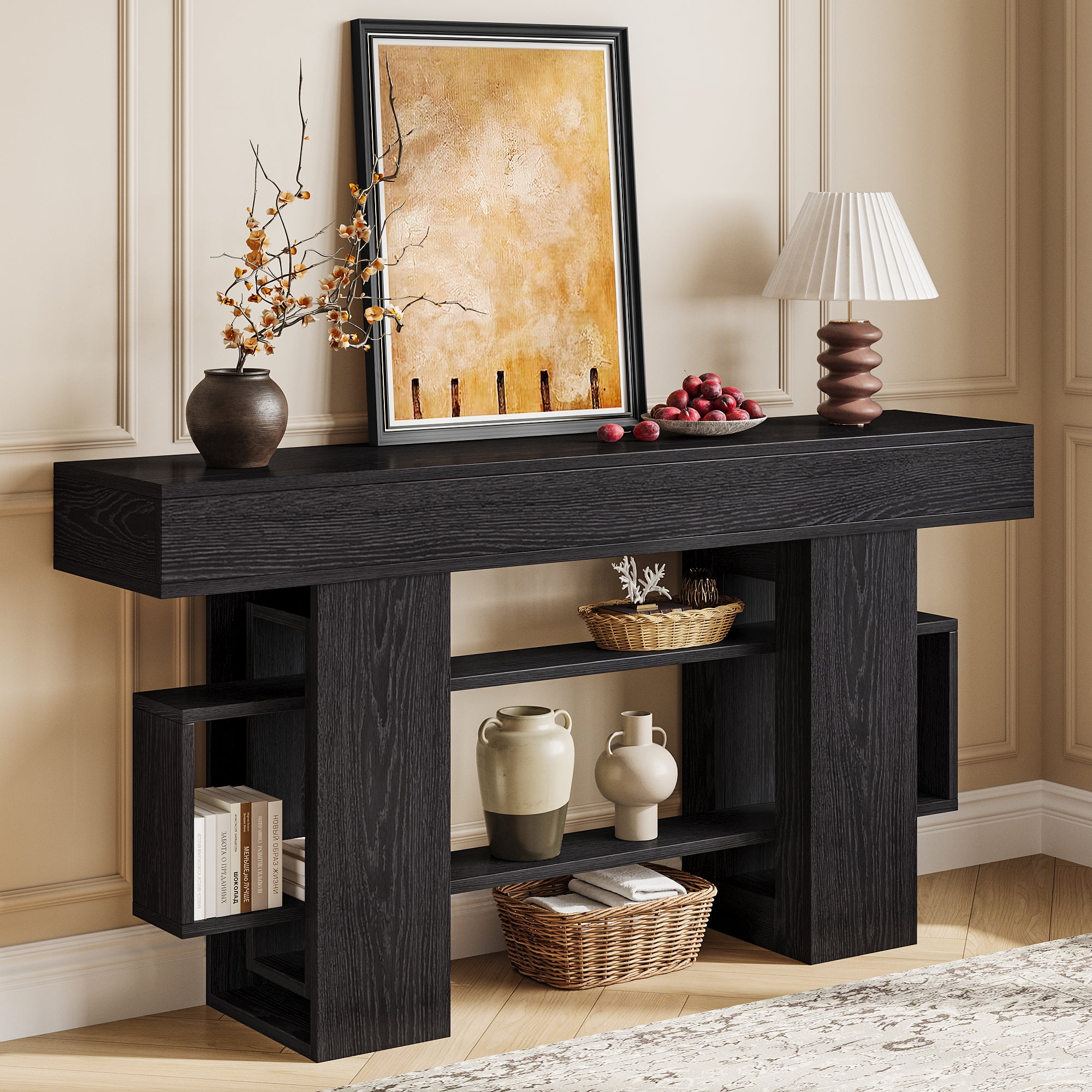 63" Farmhouse Console Table with Storage,3-Tier Wooden Sofa Table ...