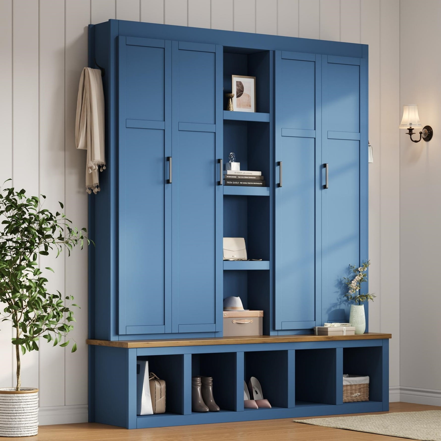 63" Farmhouse Hall Tree with Bench and Shoe Storage, 4-in-1 Entryway ...