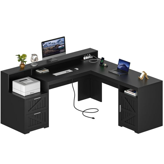HUANG 63" Farmhouse L-Shaped Executive Desk with Drawers, Power Outlets ...