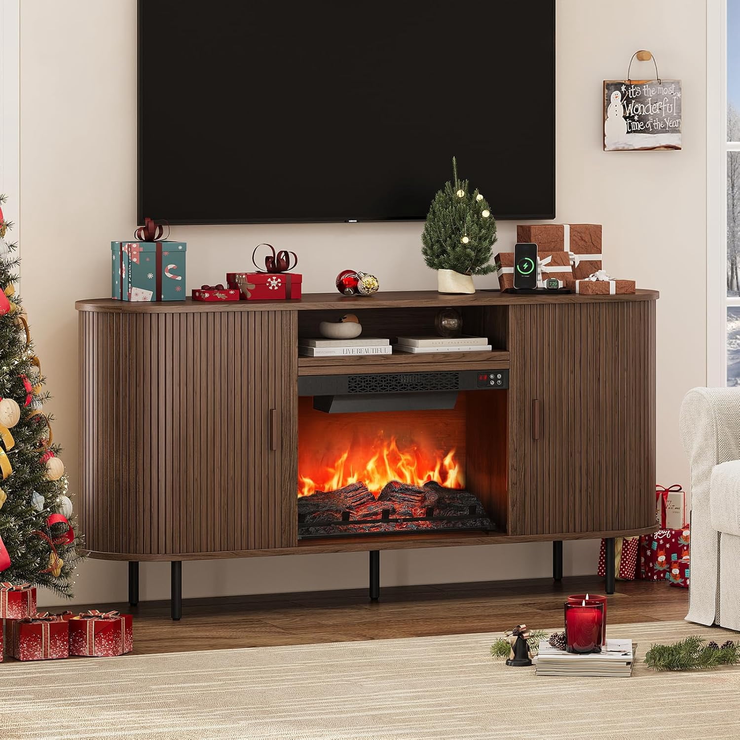 63" Fluted Fireplace TV Stand 23" Electric Fireplace, Modern ...