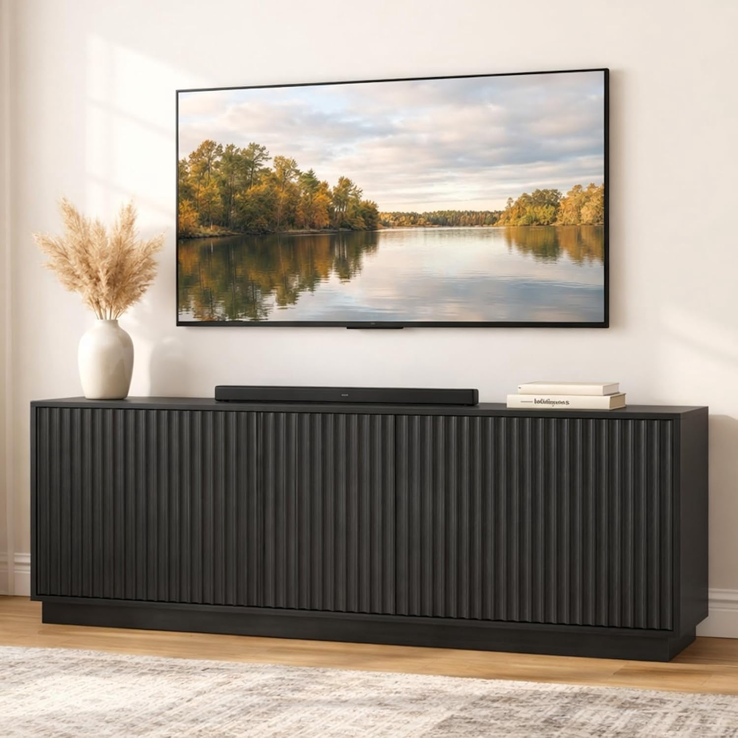 63'' Fluted TV Stand for TVs up to 75'', Modern Long Media Console with ...