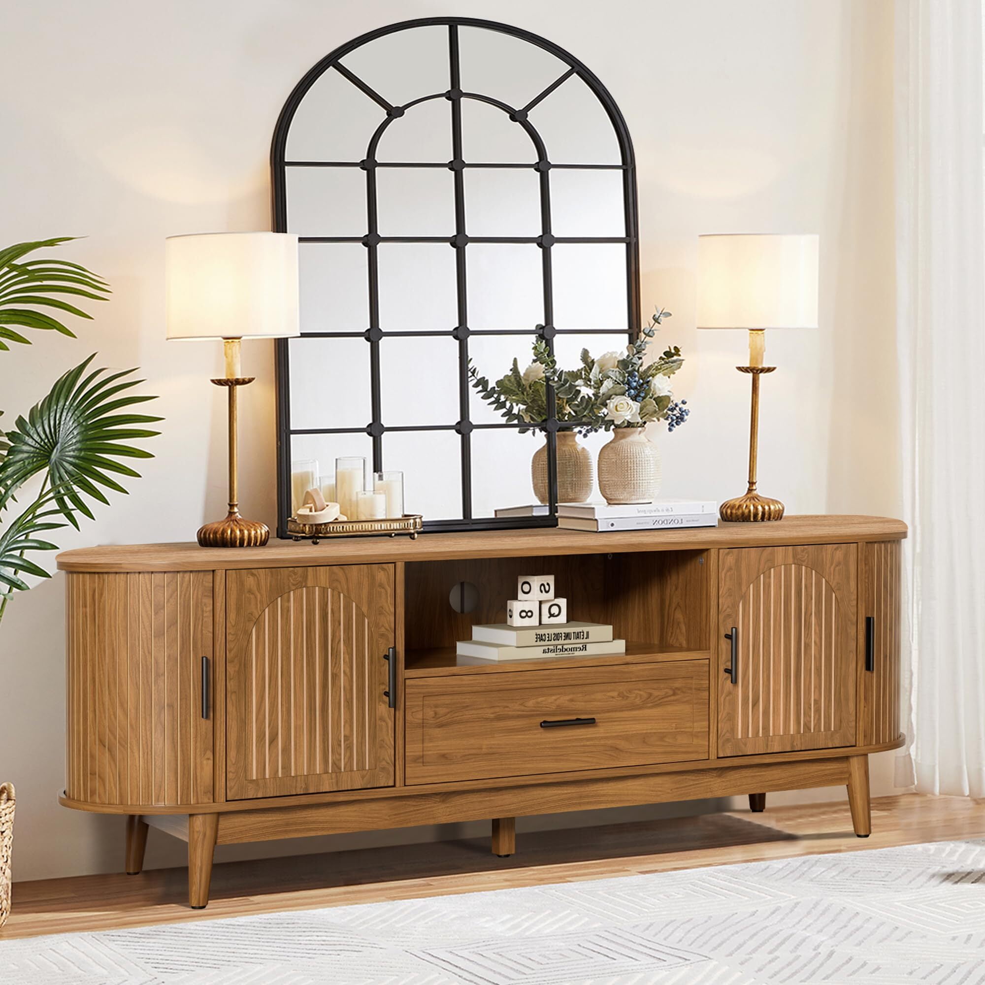 63" Fluted TV Stand for 70" TVs, Mid-Century Entertainment Center with ...