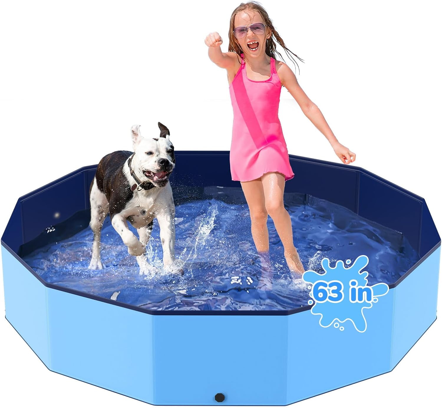 63'' Foldable Dog Pool, Kiddie Pool, Plastic Non-Slip Kids Pool, Heavy ...
