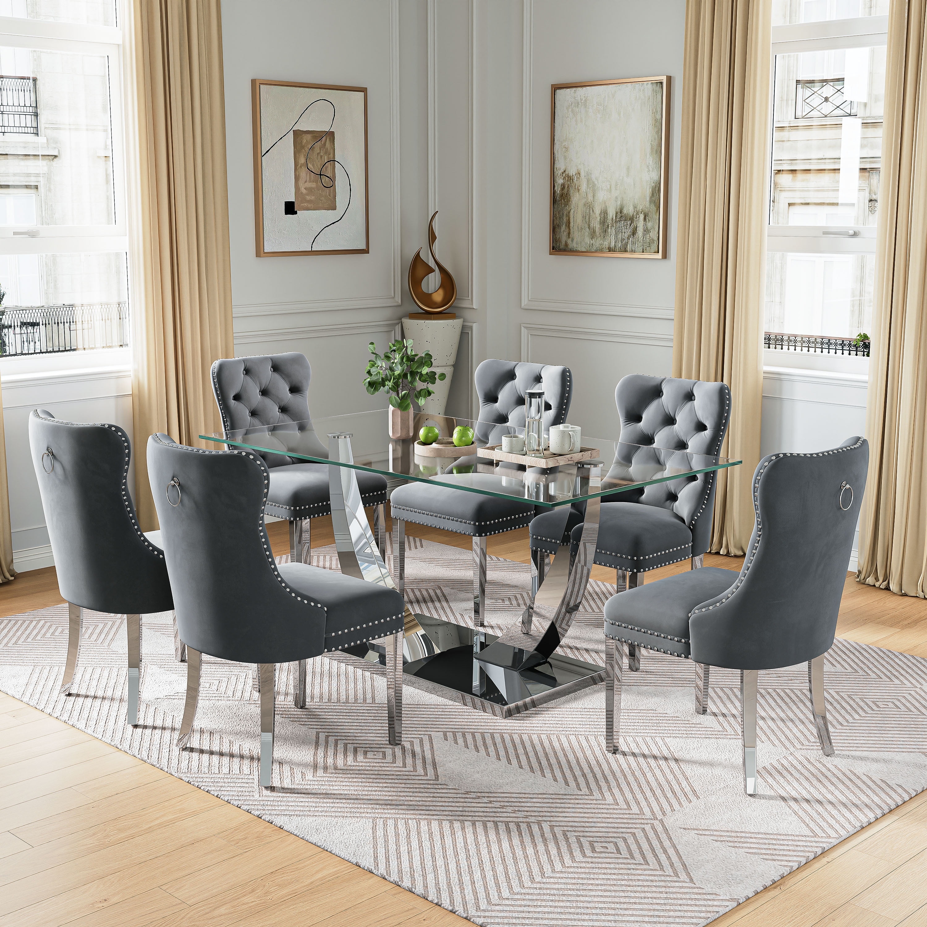 63”Glass Dining Room Table Set,7-Piece Tempered Glass Table Top & U ...