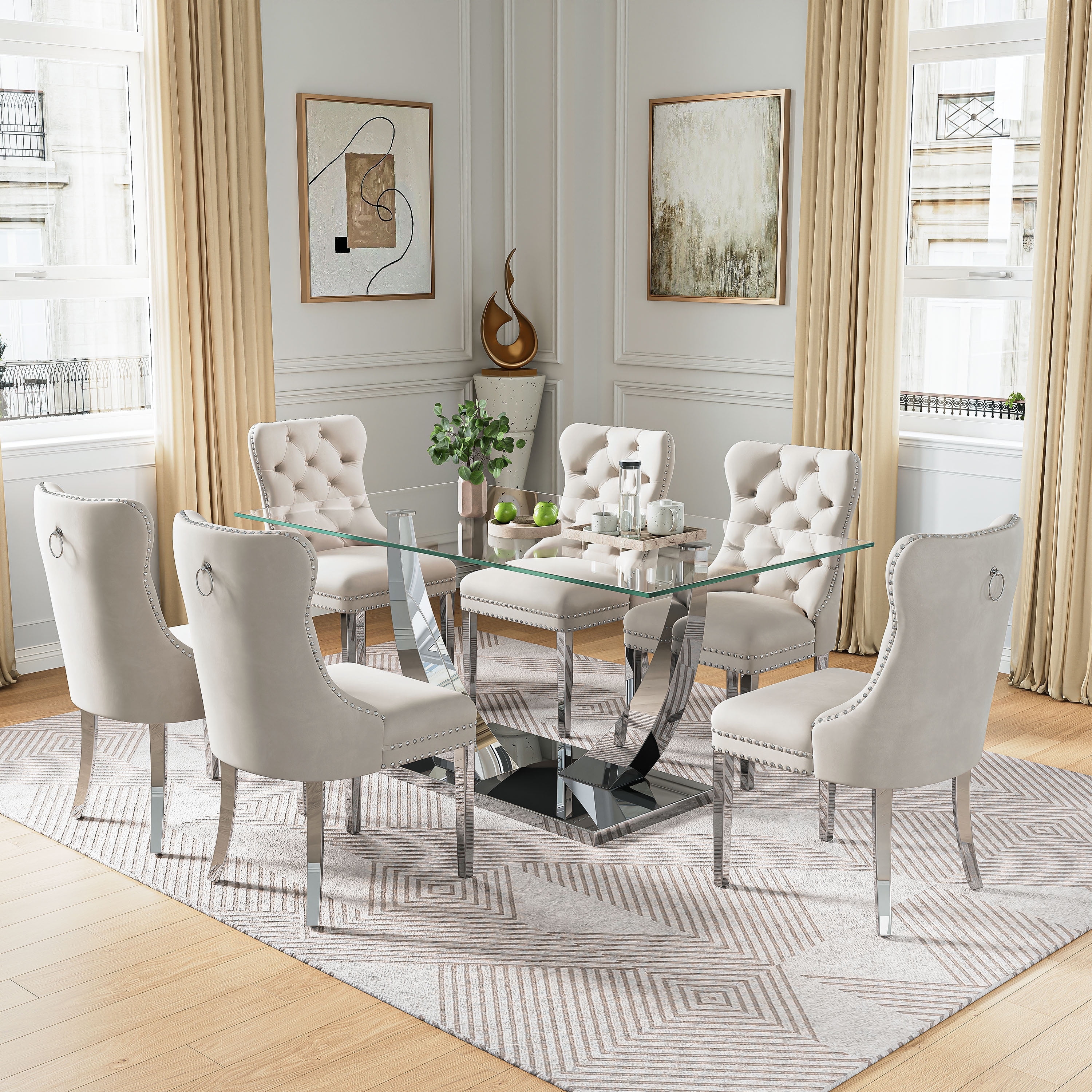 63”Glass Dining Room Table Set,7-Piece Tempered Glass Table Top & U ...