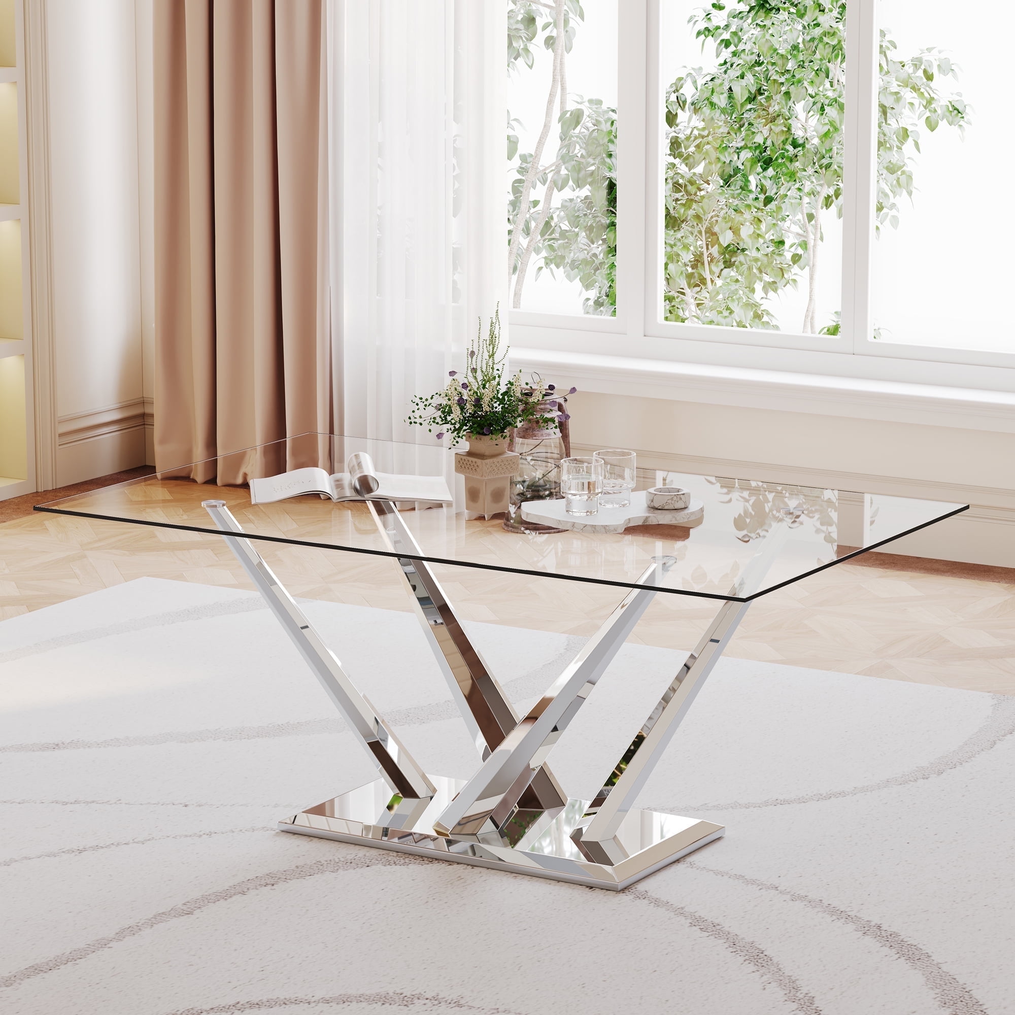 63”Glass Dining Table Set for 6,Modern Rectangle Dining Table with 6 ...