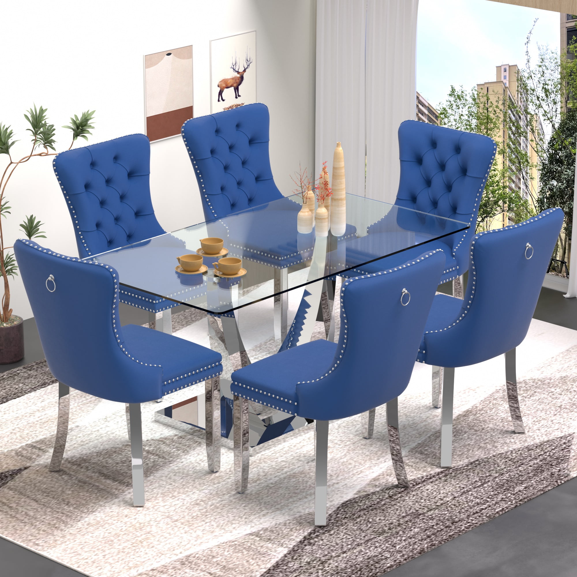 63" Glass Dining Table Set for 6,Silver Dining Room Table Set for 6 ...