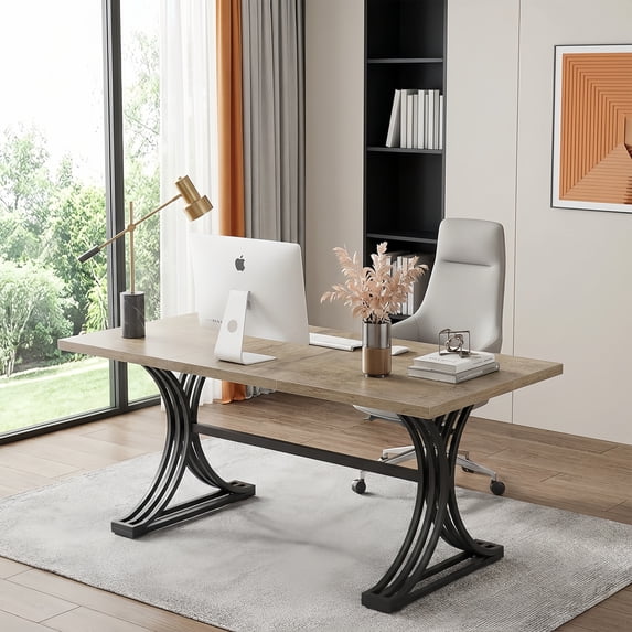 63" Gray And Black Modern Executive Computer Desk, Faux Marble Home ...