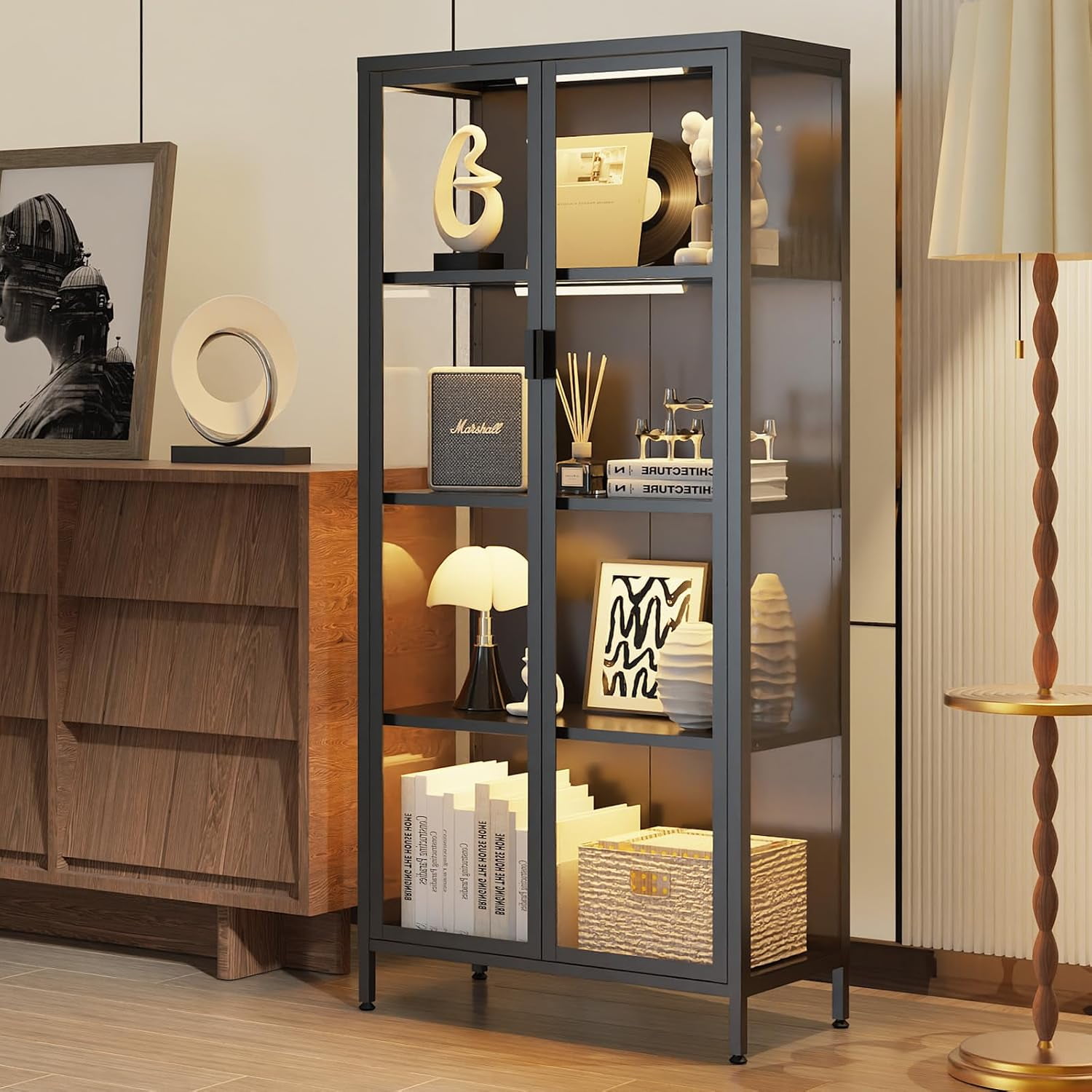 63" H Glass Display Cabinet, 4 Tiers Curio Display Case with 3 Colors ...