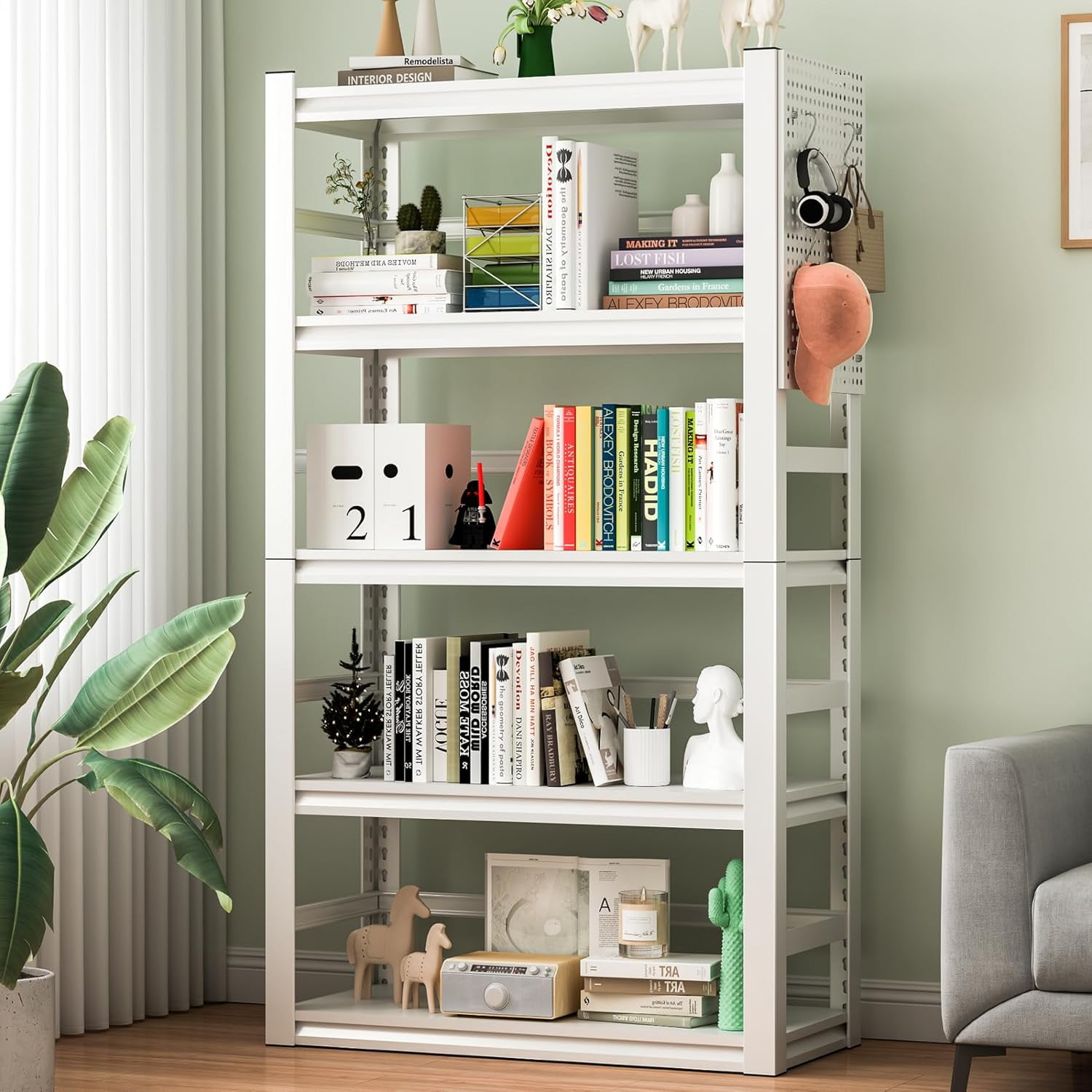 63”H Metal Bookshelf, Adjustable 5 Tier Bookshelf with Side Pegboard ...