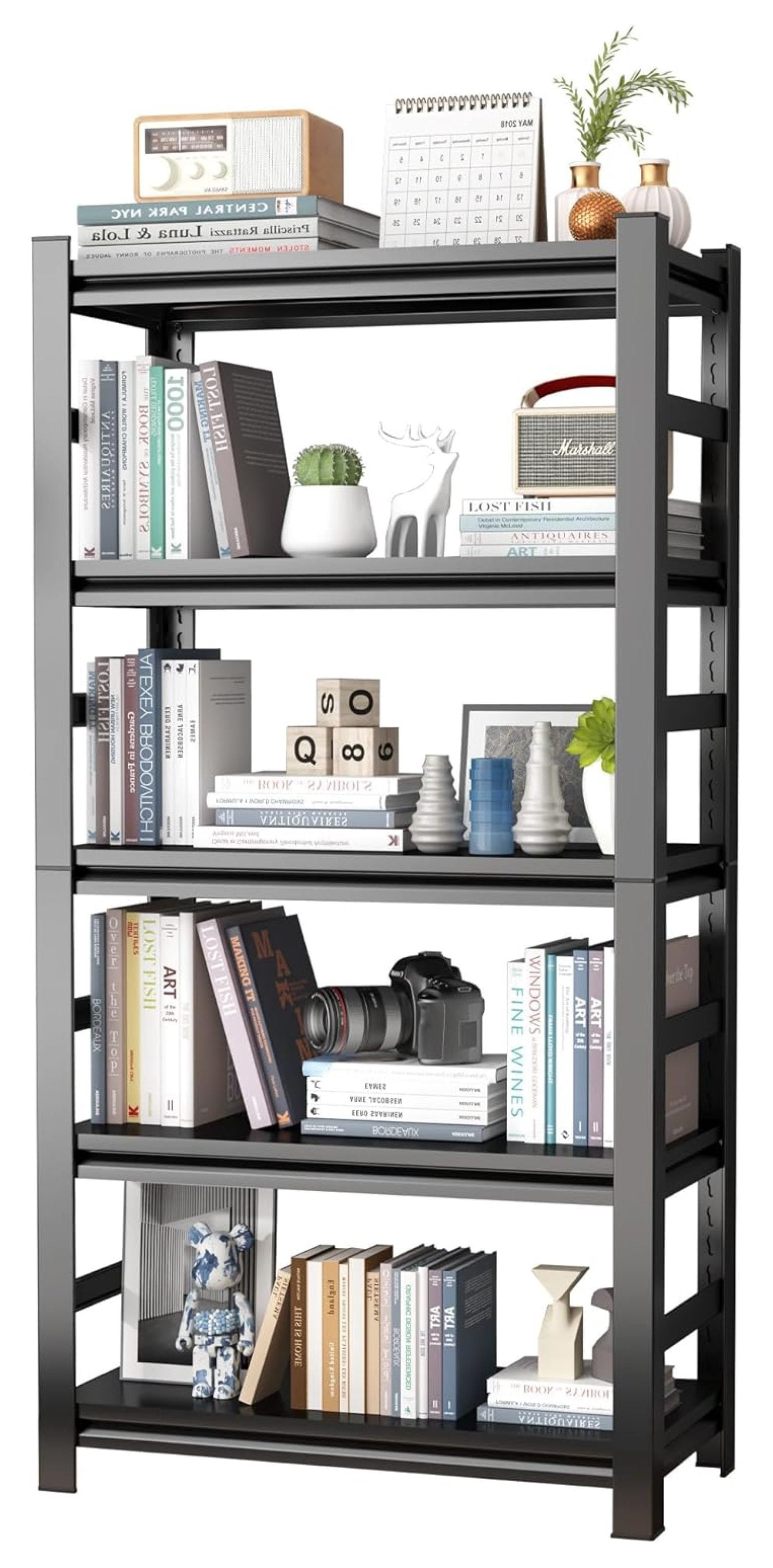 63" H Metal Bookshelf,Sturdy Bookcase,5-Tier Adjustable Book Shelf with ...