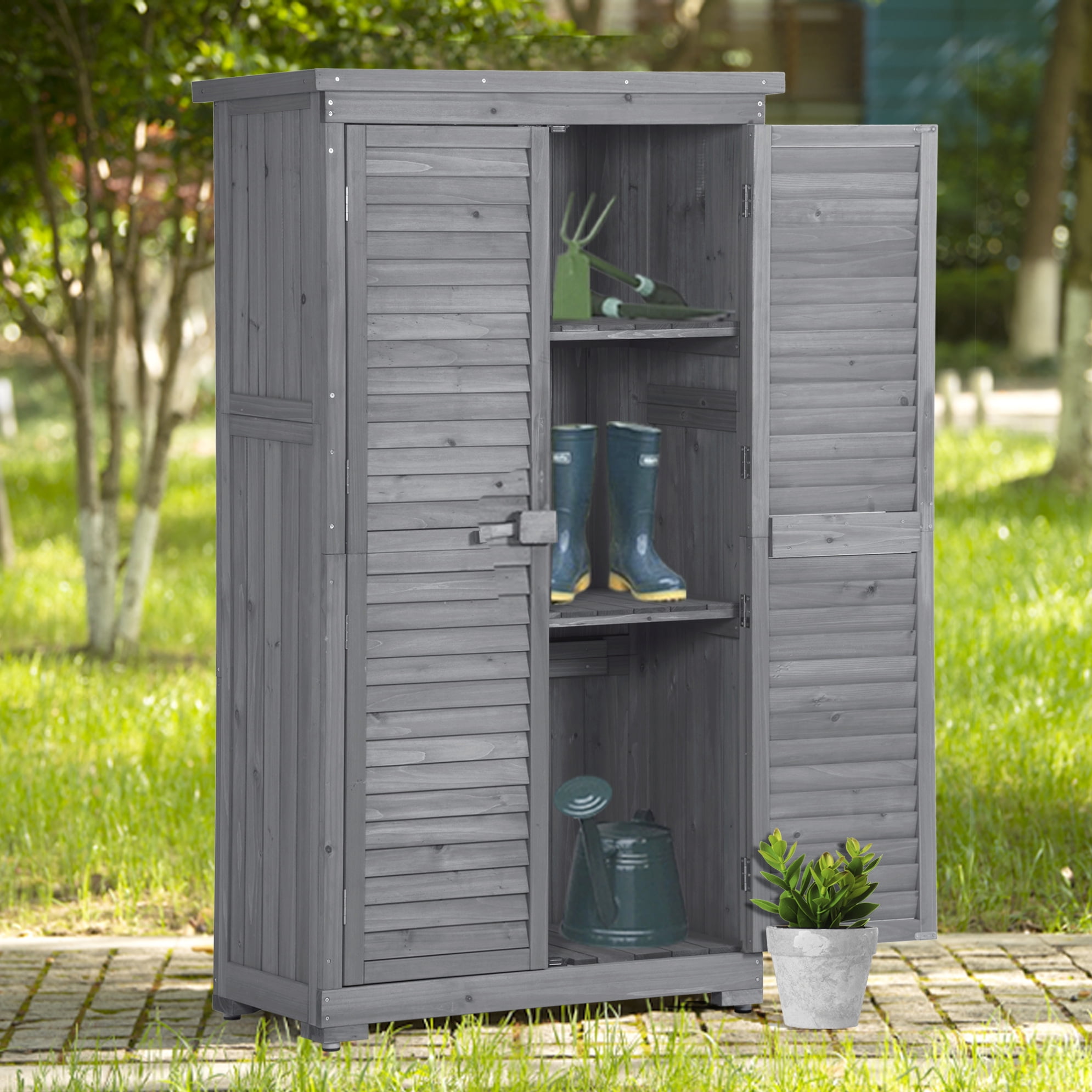 63"H Wooden Storage Shed, Modern Multi-Function Outdoor 3-Tier Patio ...