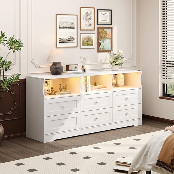63 Inch 6 Drawer Dresser with RGB Lights & Power Outlet, Wooden Chest ...