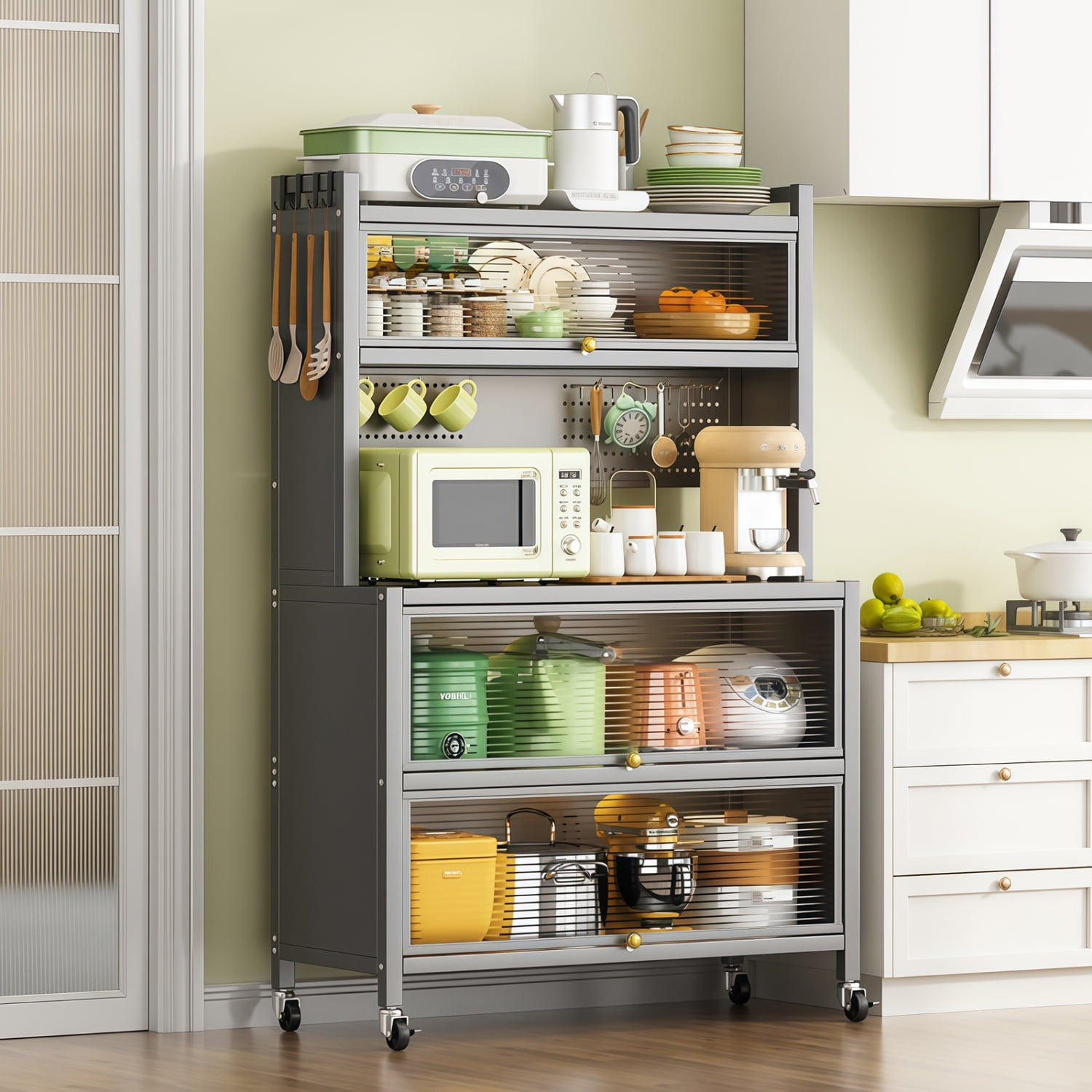 63 Inch Bakers Rack with Acrylic Door and Storage, Farmhouse Coffee Bar ...
