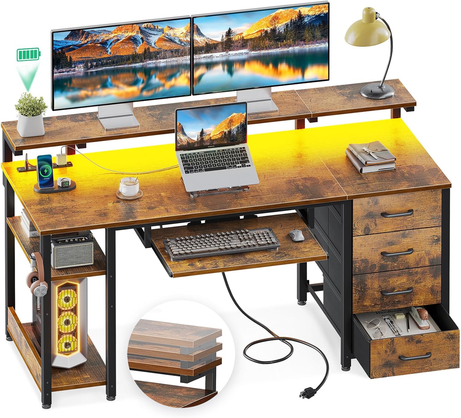 63 Inch Computer Desk with Power Outlet and LED Light, Fabric Drawer ...
