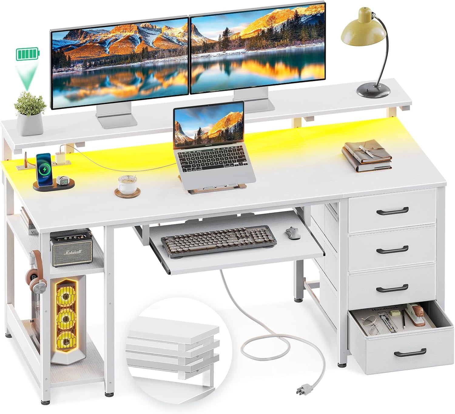 63 Inch Computer Desk with Power Outlet and LED Light, Office Desk with ...