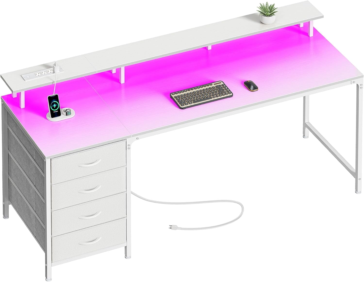 63 Inch Computer Desk with Power Outlets and LED Lights, Gaming Desk ...