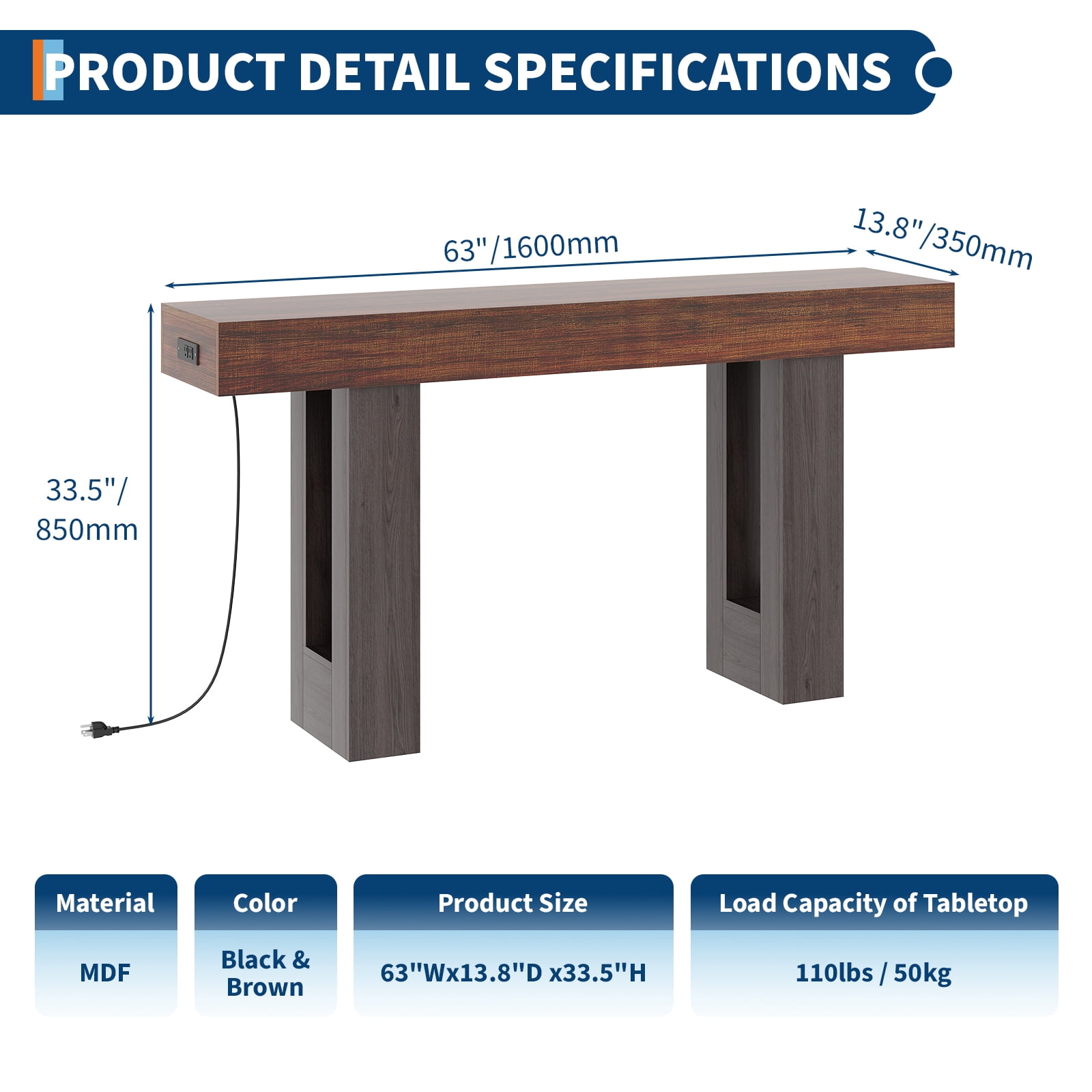 63 Inch Console Table with Power Outlet, Extra Long Sofa Table Behind ...