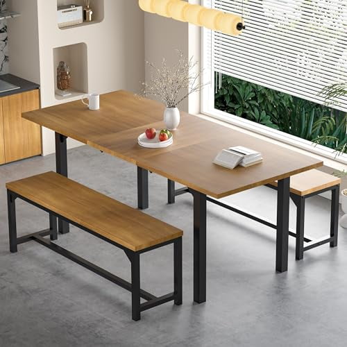 63 Inch Dining Table Set for 4-8, 3-Piece Extendable Kitchen Table Set with 2 Benches, Metal ...