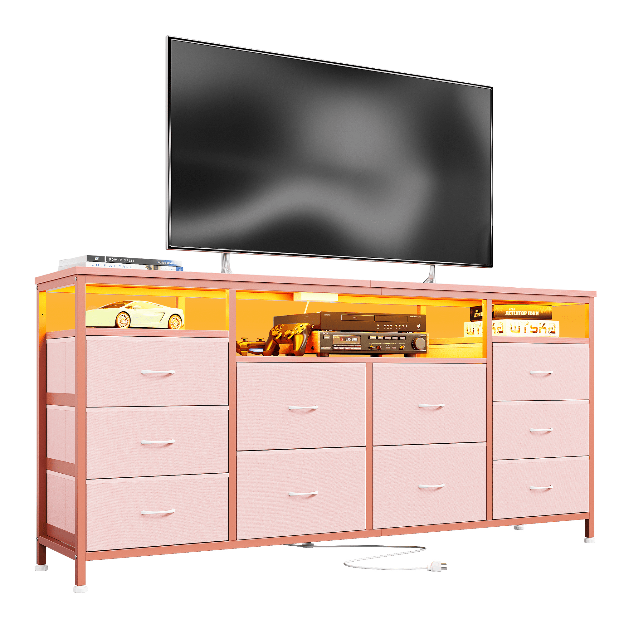 63-Inch Fabric Dresser with LED Lights & Charging Ports, 10-Drawer TV ...