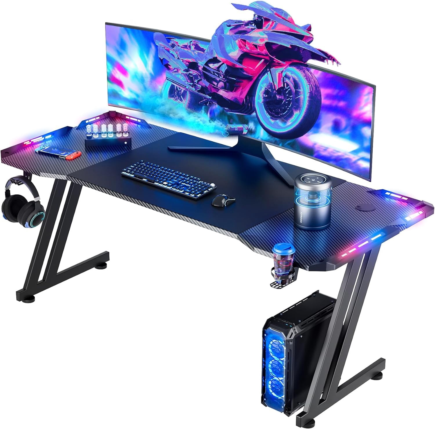 63 Inch Gaming Desk with LED Lights Carbon Fibre Surface Gaming Table ...