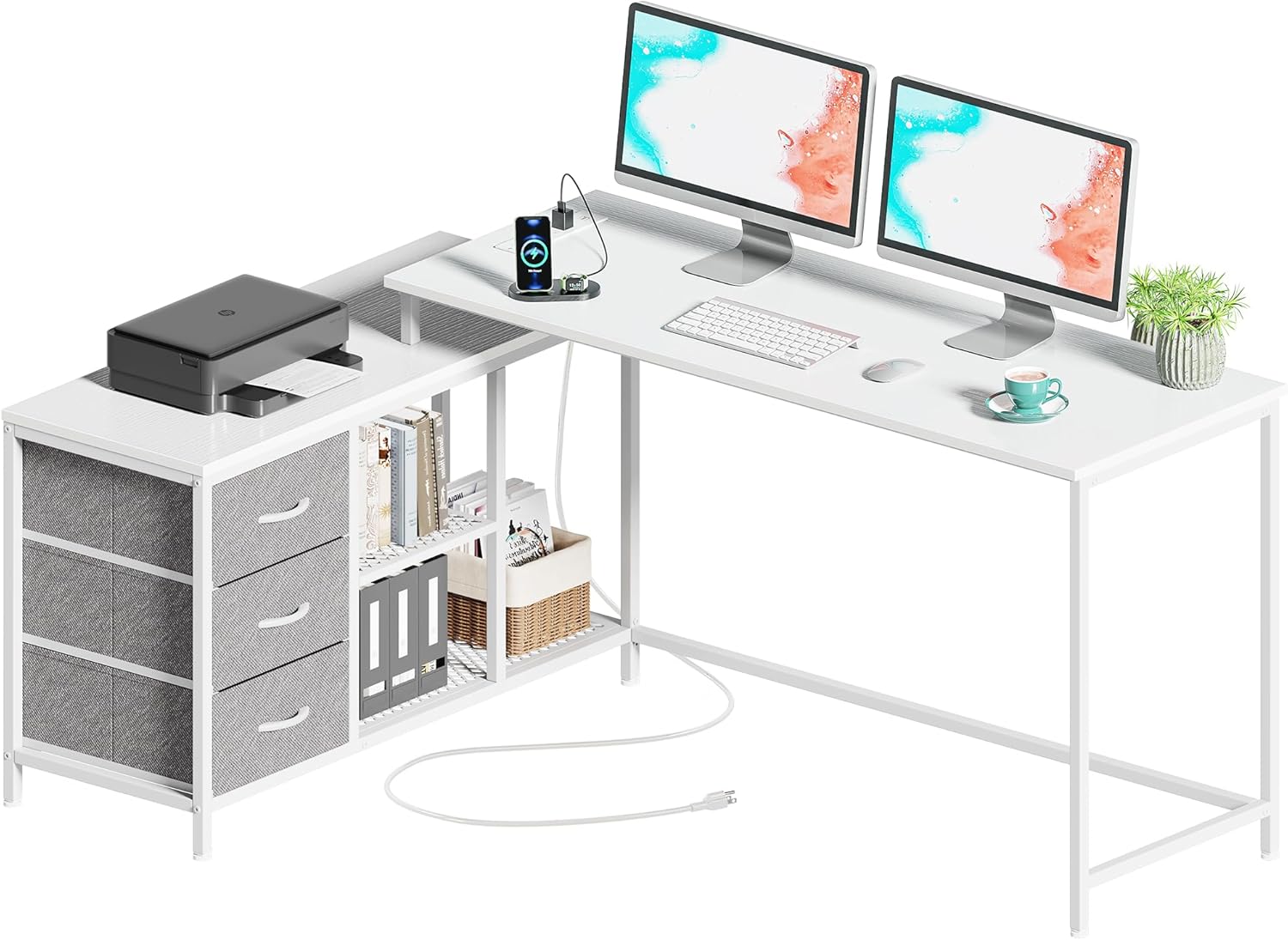 63 Inch L Shaped Desk with Power Outlets Computer Desk with Drawers ...