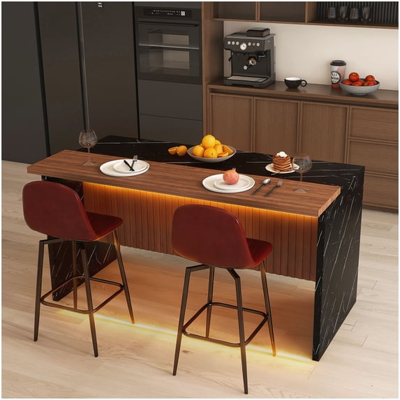 63 Inch LED Kitchen Island with Marble Top & 2 Bar Stools, Modern Grill ...