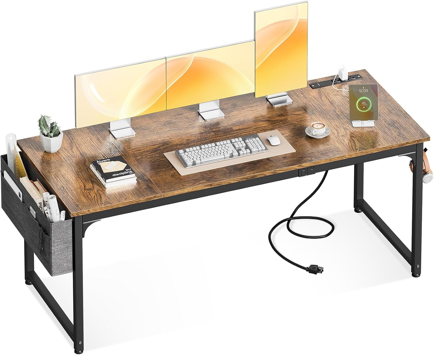 63 Inch Large Computer Desk with Power Outlets, Office Desk with ...