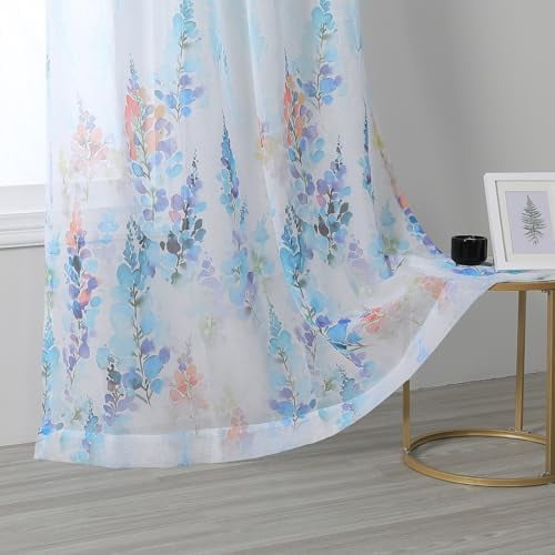 63 Inch Length Long Curtains for Bedroom & Living Room Blue Floral ...