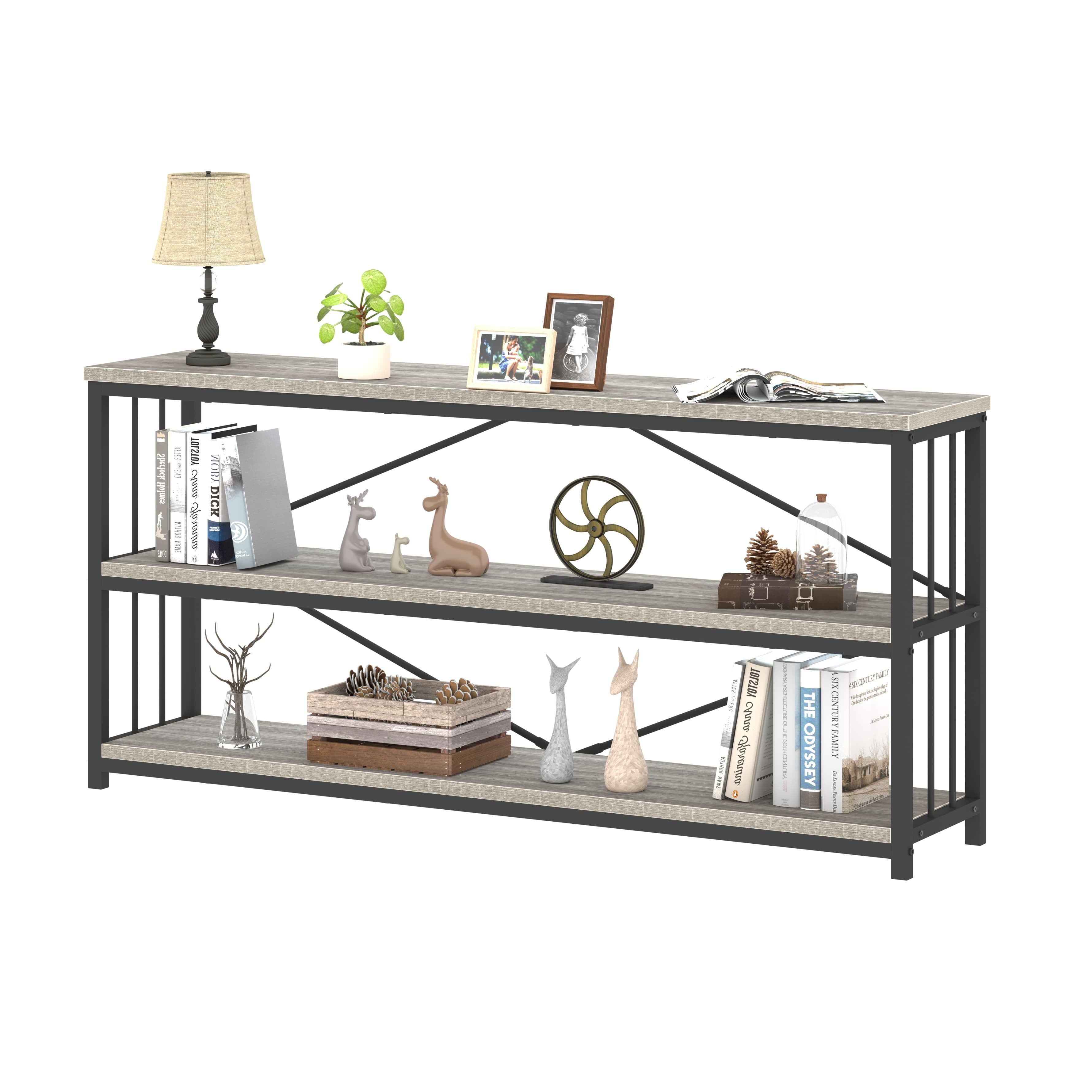 63 Inch Light Grey Oak Wooden Book Shelf - Industrial Rustic 3-Tier ...