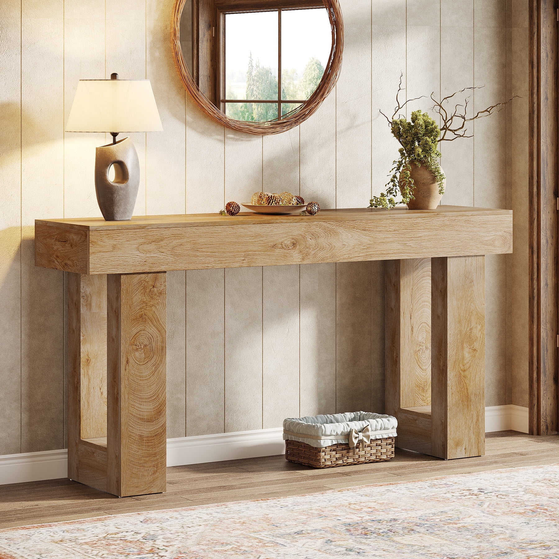 63-Inch Long Console Table, 2-Tier Wooden Narrow Rectangular Sofa Table ...