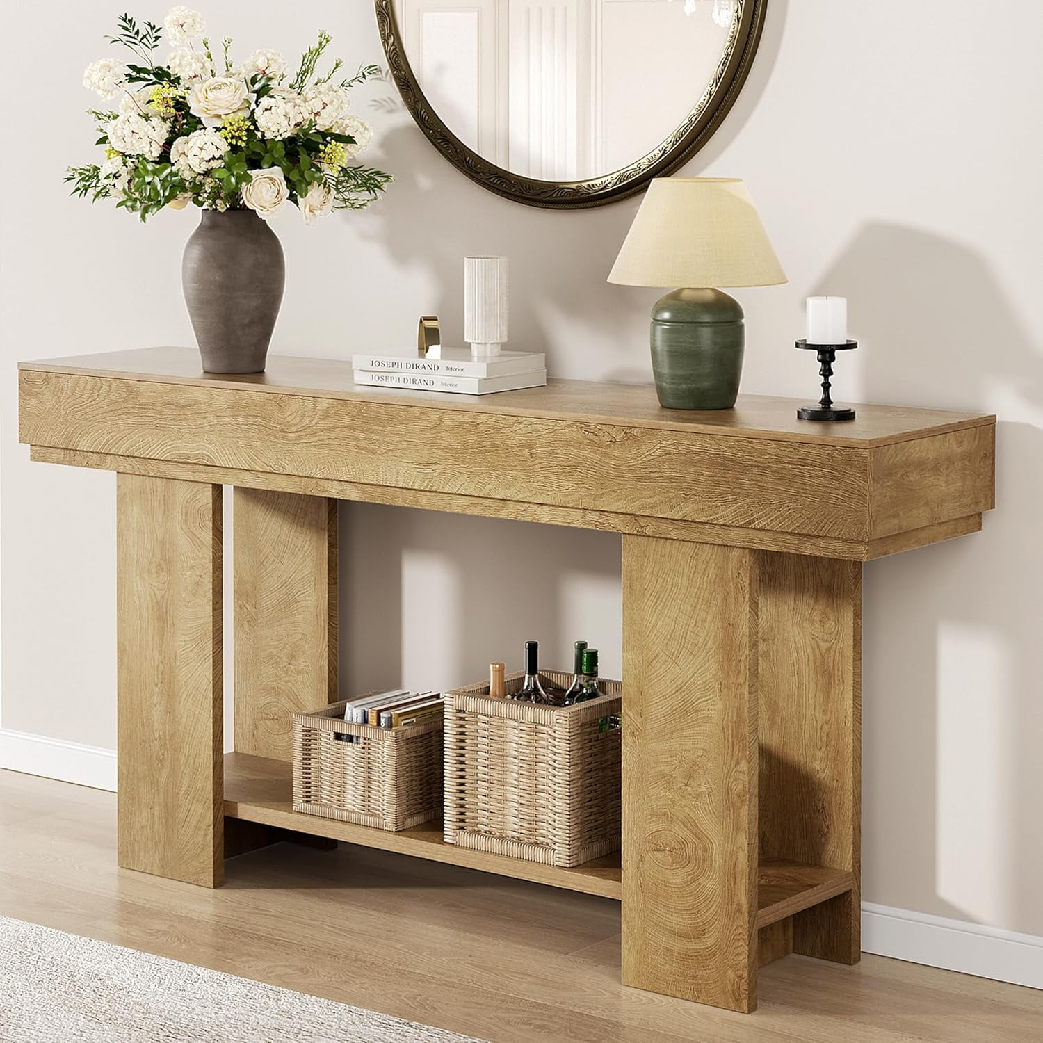 63 Inch Long Console Table for Entryway,Farmhouse 2-Tier Narrow ...