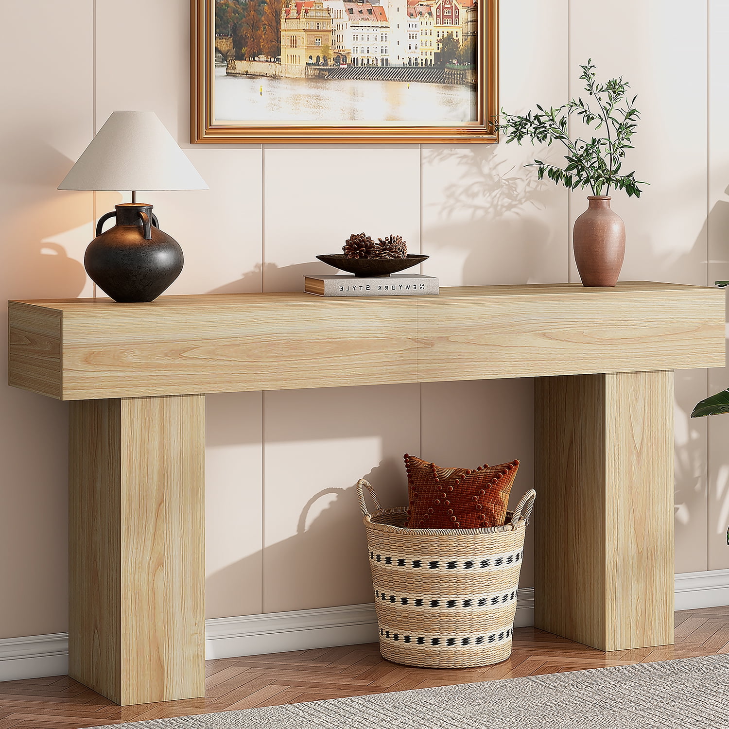 63 Inch Long Console Table for Entryway, Farmhouse Wood Rectangular Sofa Table Behind Couch ...