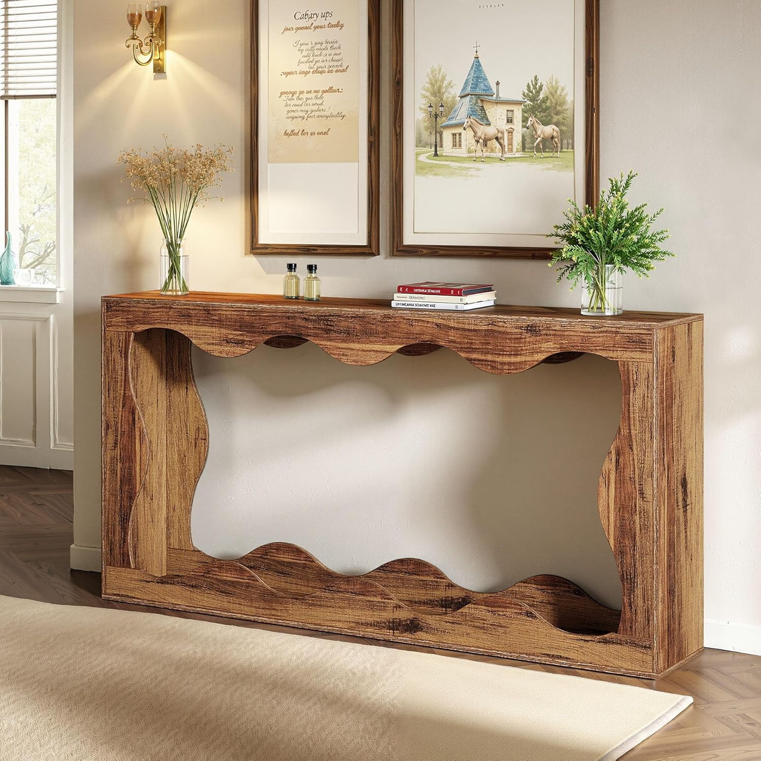 63 Inch Long Entryway Table, 2-Tier Narrow Rustic Wooden Rectangular ...