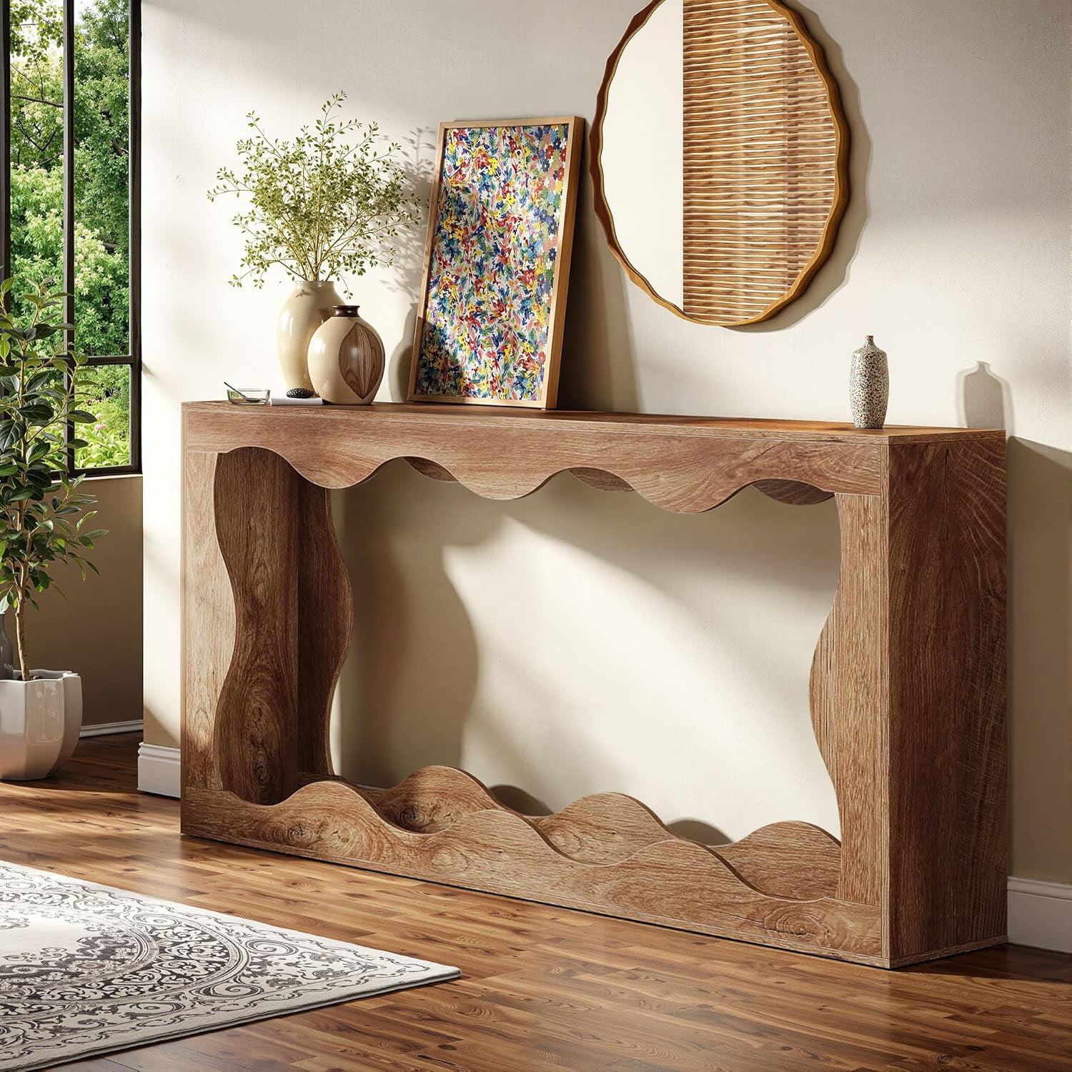 63 Inch Long Entryway Table, 2-Tier Narrow Rustic Wooden Rectangular ...