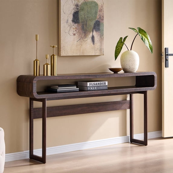 63-Inch Long Modern Console Table with Curved Profile, Narrow Wood Sofa ...