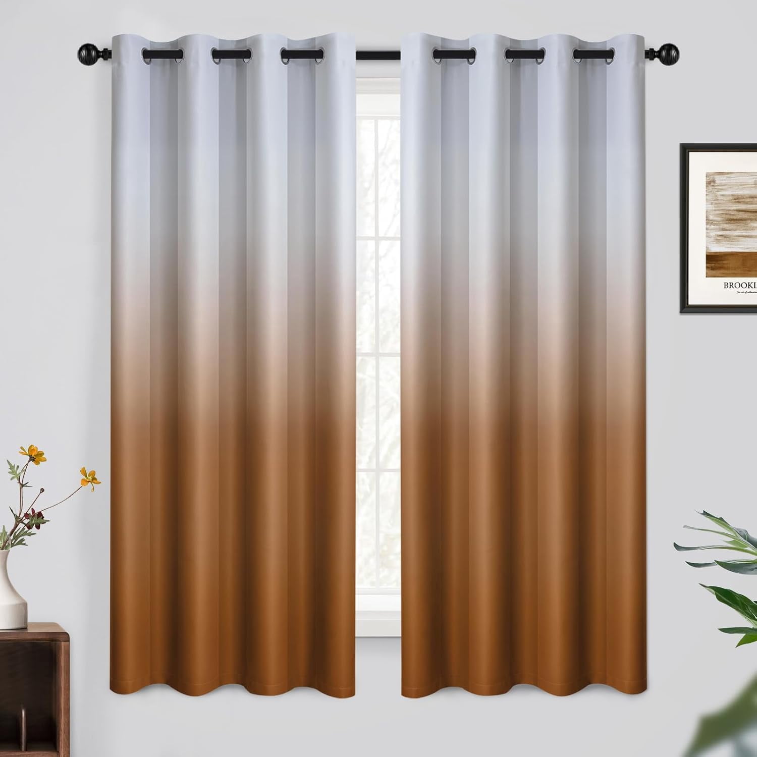 63 Inch Long Ombre Curtains,Thermal Insulated Greyish White to Burnt ...