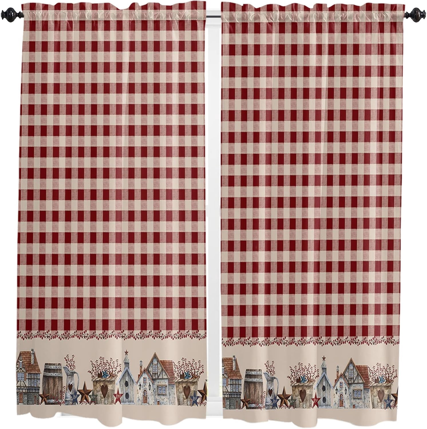 63 Inch Long Tier Curtains for Kitchen, American Country Star Retro Red ...