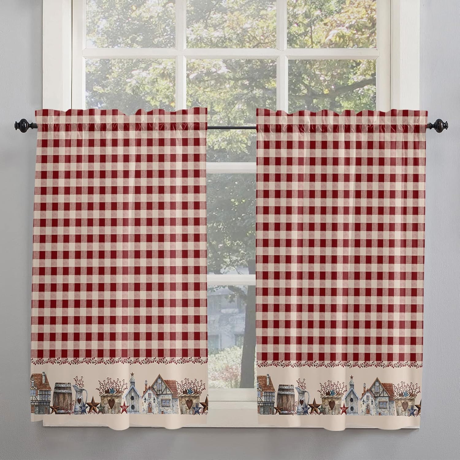 63 Inch Long Tier Curtains for Kitchen, American Country Star Retro Red ...