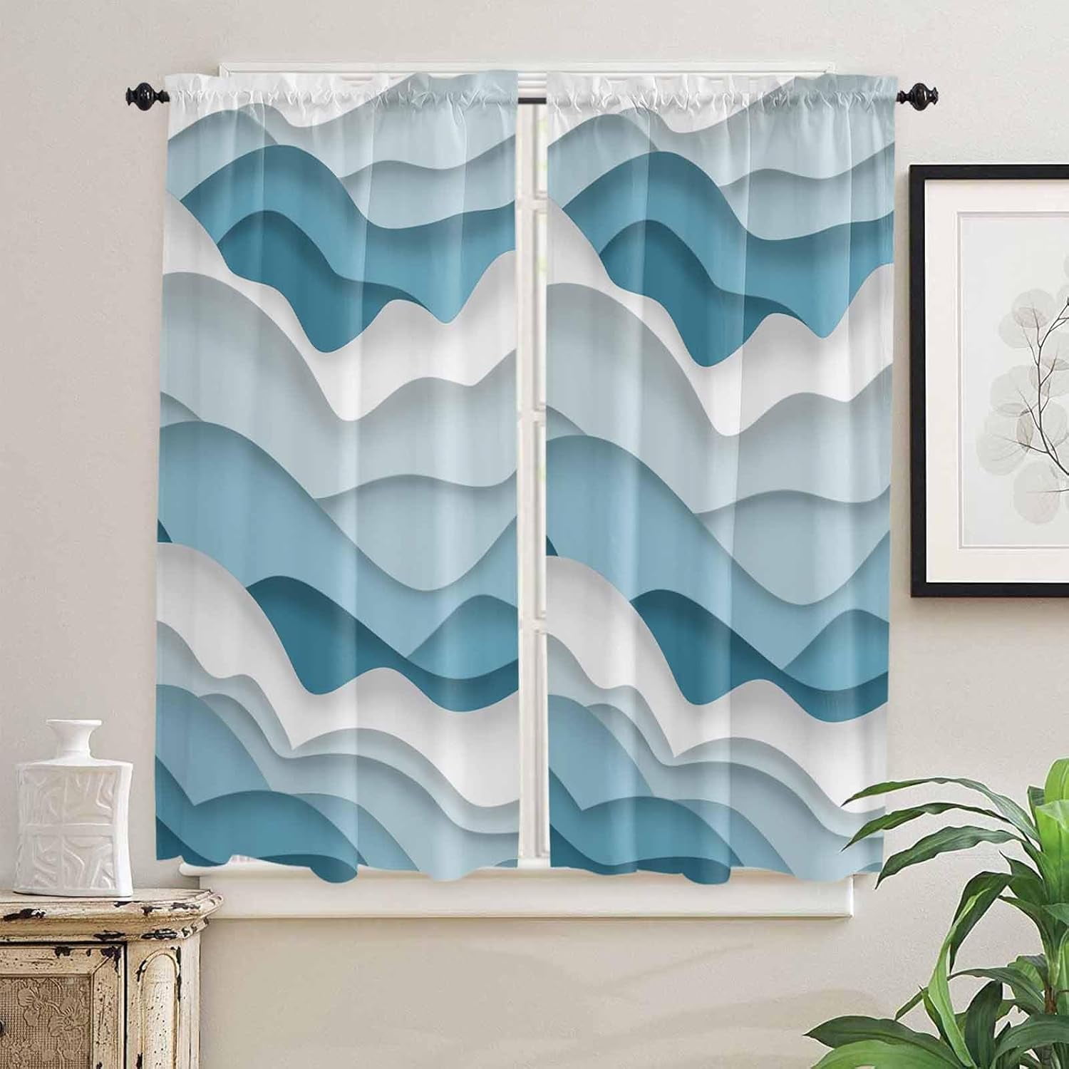 63 Inch Long Tier Curtains for Kitchen, Blue Ombre Abstract Geometric ...