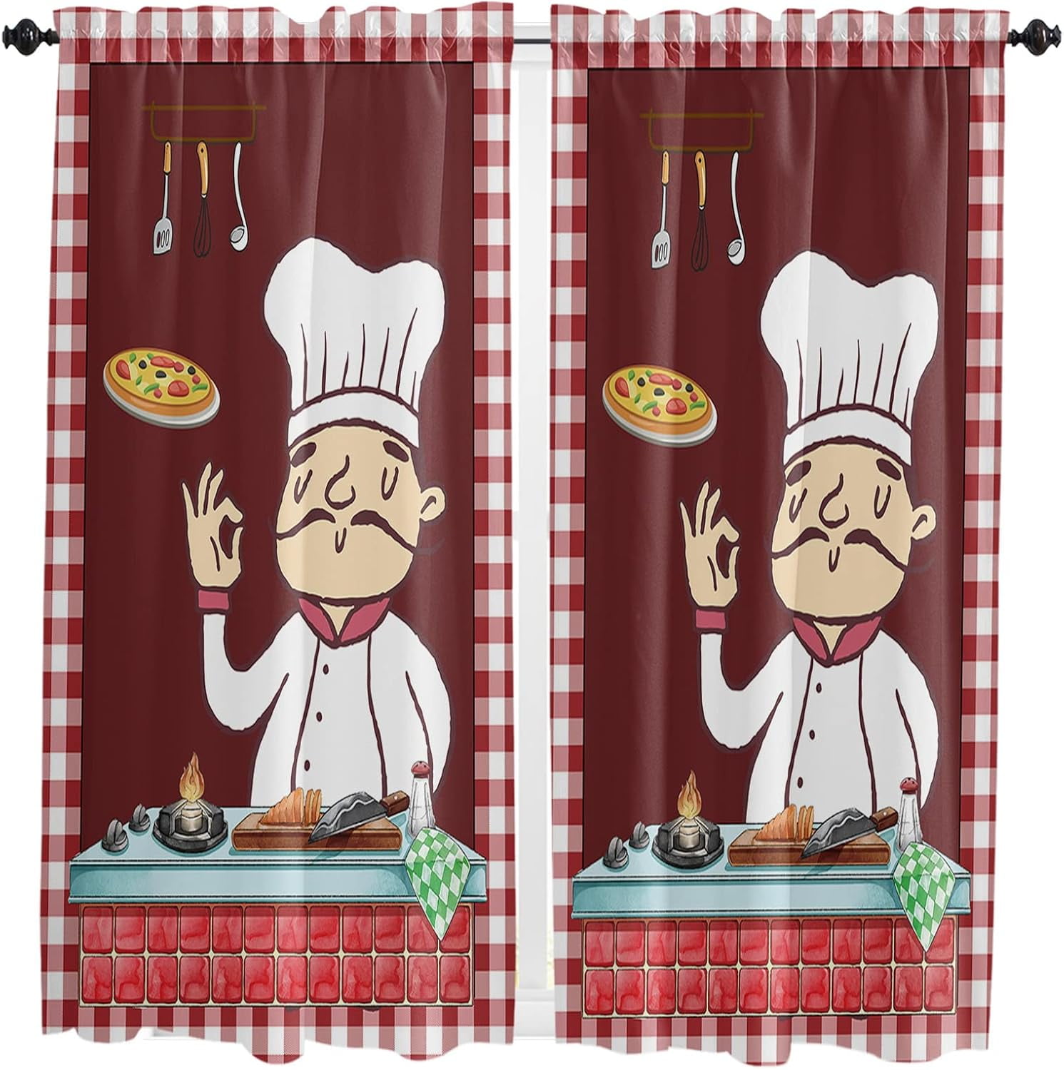 63 Inch Long Tier Curtains for Kitchen, Chef Food Red Buffalo Plaid ...