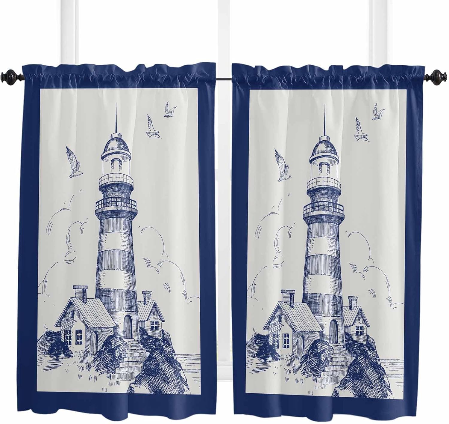63 Inch Long Tier Curtains for Kitchen, Nautical Blue Retro Lighthouse ...
