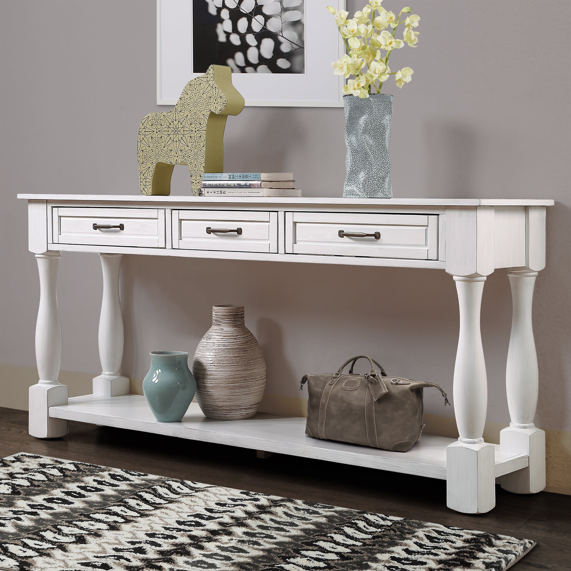 63 Inch Long Wood Console Table with 3 Drawers and 1 Bottom Shelf for ...