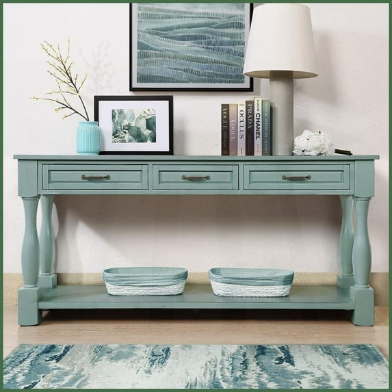 63 Inch Mid-Century Solid Wood Console Table with 3 Drawers & Shelf ...