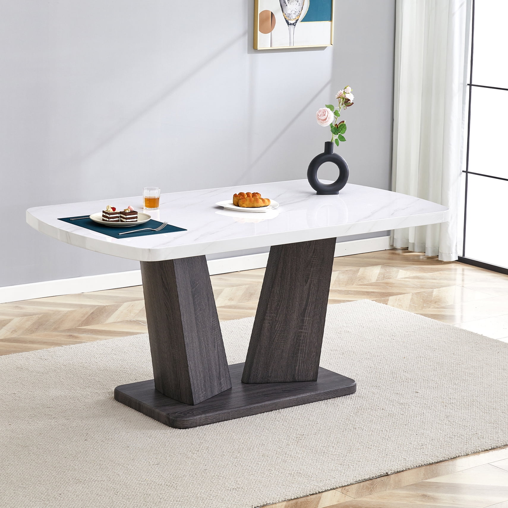 63 Inch Modern Dining Table, Dining Room Table with Faux Marble Top and ...