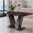 63 Inch Modern Dining Table Set for 6, Black Marble Glass Top Rectangle ...