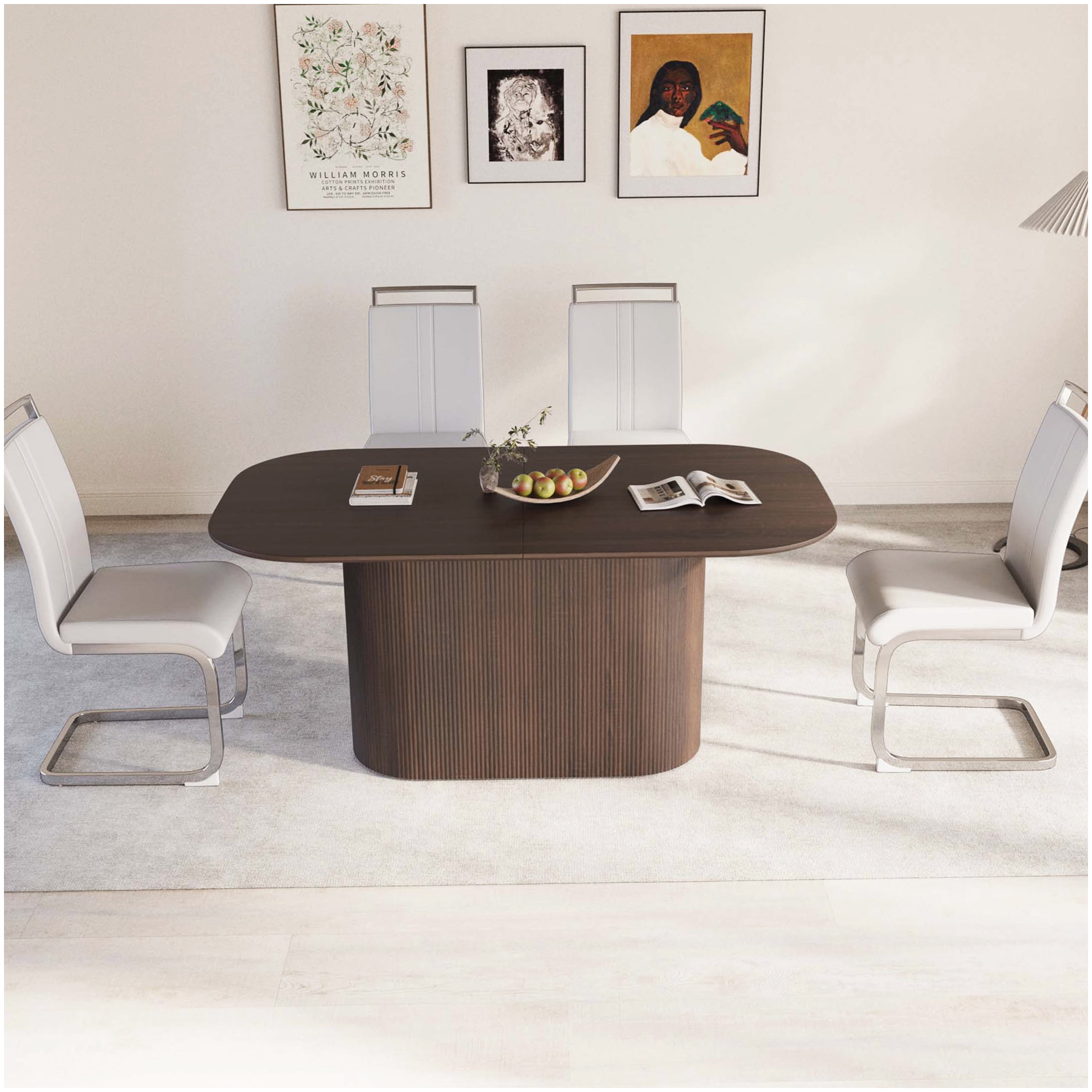 63 Inch Modern Dining Table and Chair Set 4, Brown Woodgrain Top White ...